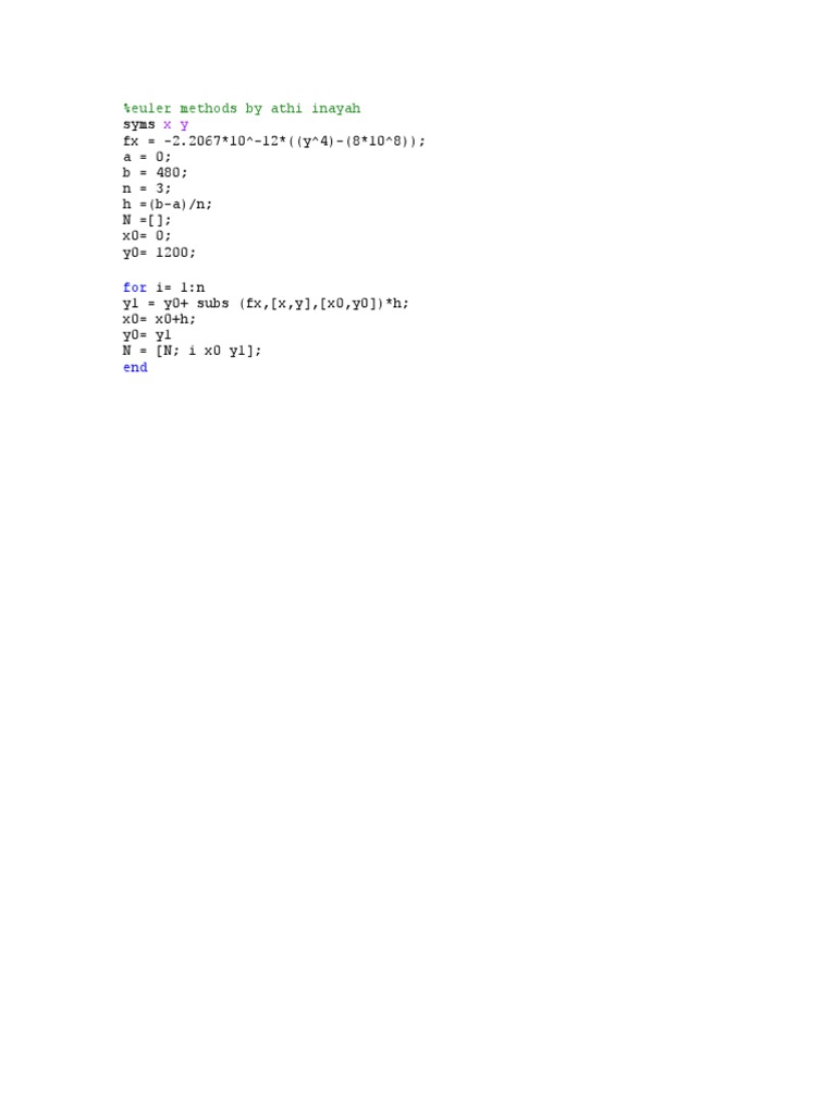 Euler Method Implementation in MATLAB | PDF