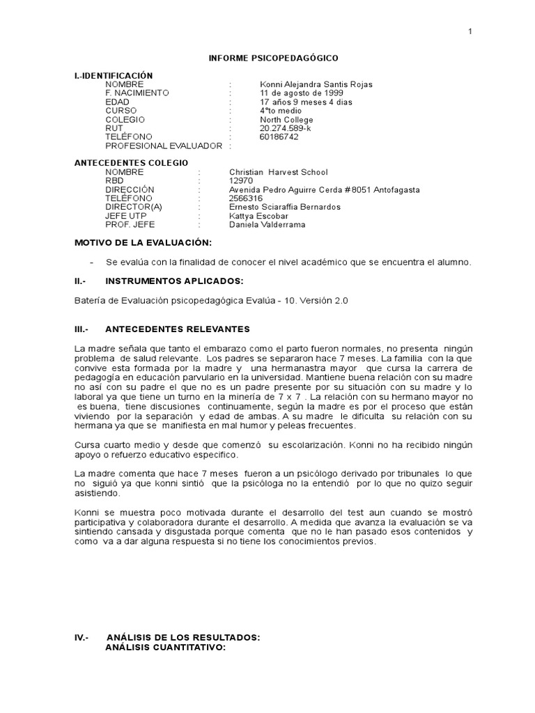 Informe Psicopedagogico Evalua 10 | PDF | Lectura (proceso) | Ortografía