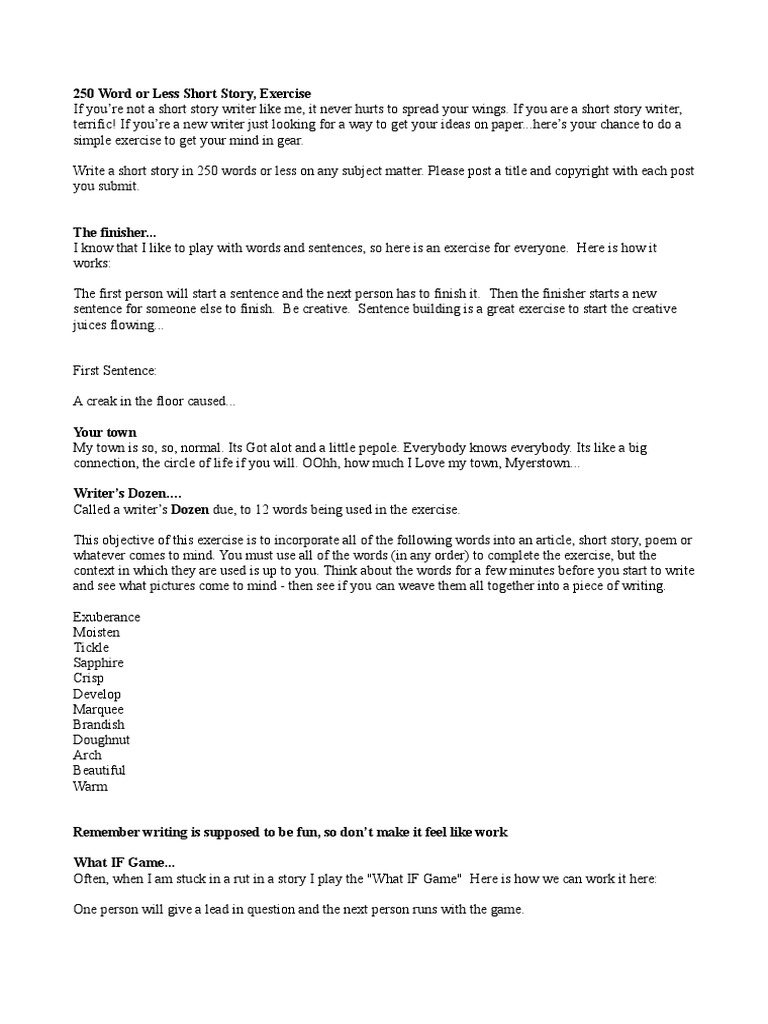 250 Word or Less Short Story, Exercise | PDF | Fairy Tales | Writers