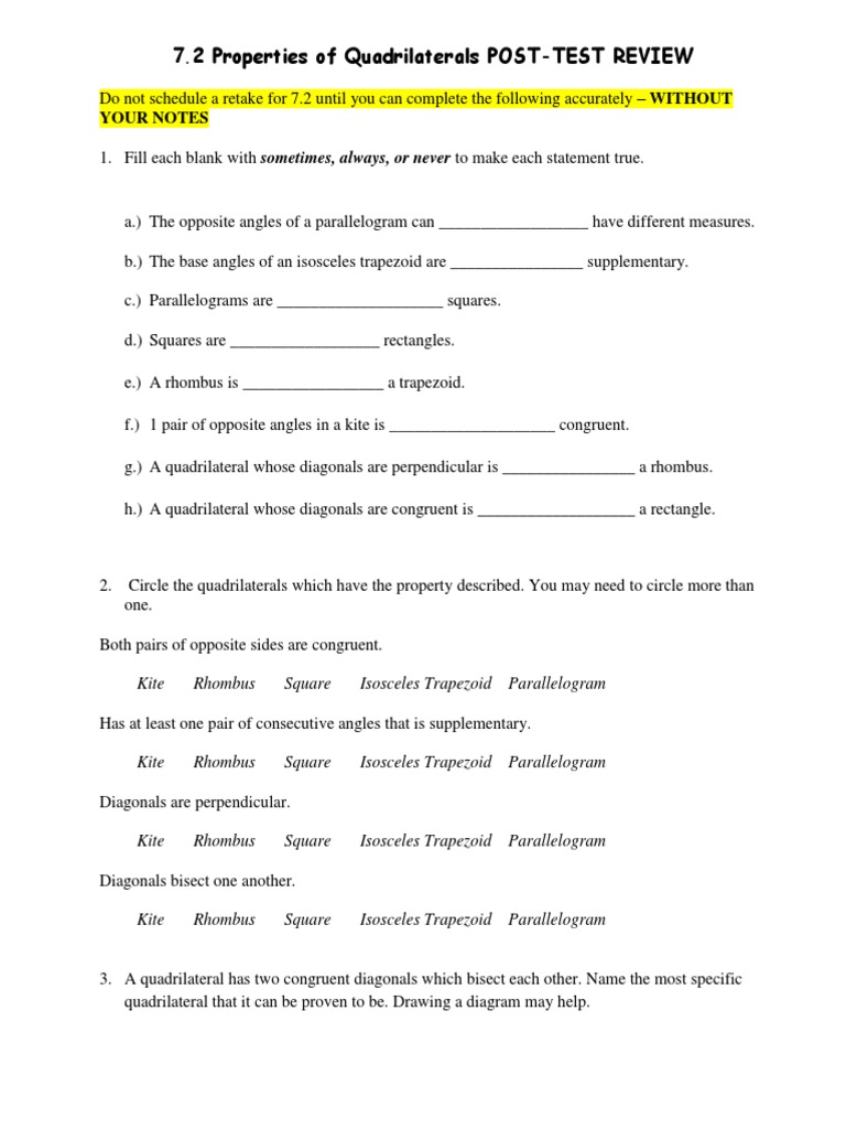Quadrilateral Properties Review Test | PDF | Rectangle | Perpendicular