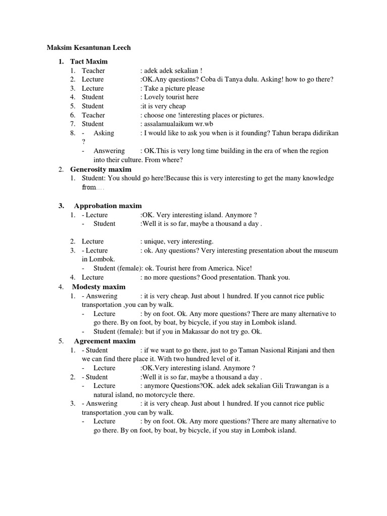Generosity Maxim: Maksim Kesantunan Leech 1. Tact Maxim | PDF
