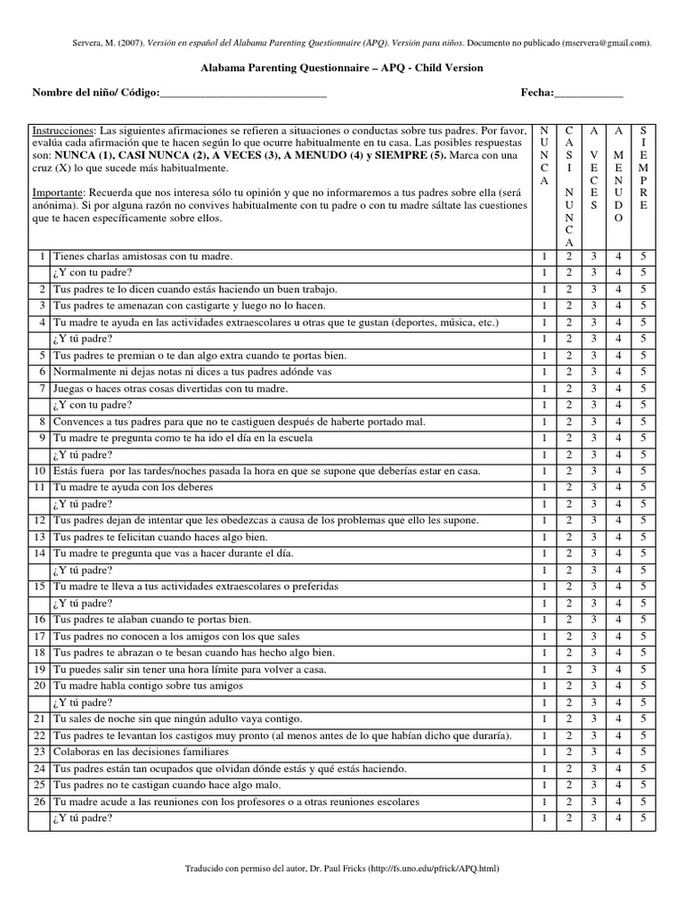 APQ - Alabama Parenting Questionnaire - Niños PDF | PDF | Ocio