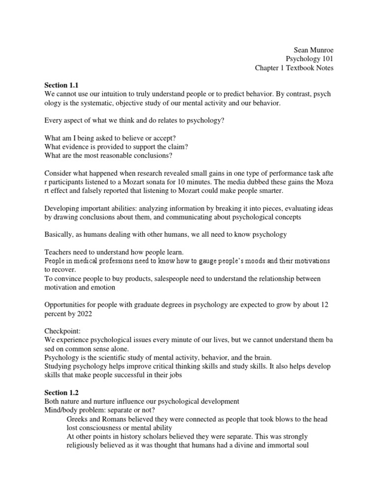 Psychology 101 Chapter 1 Textbook Notes | Psychology | Mind