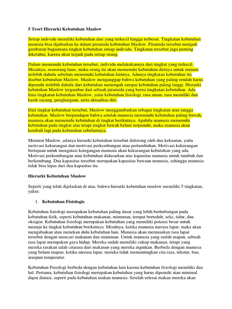5 Teori Hierarki Kebutuhan Maslow | PDF