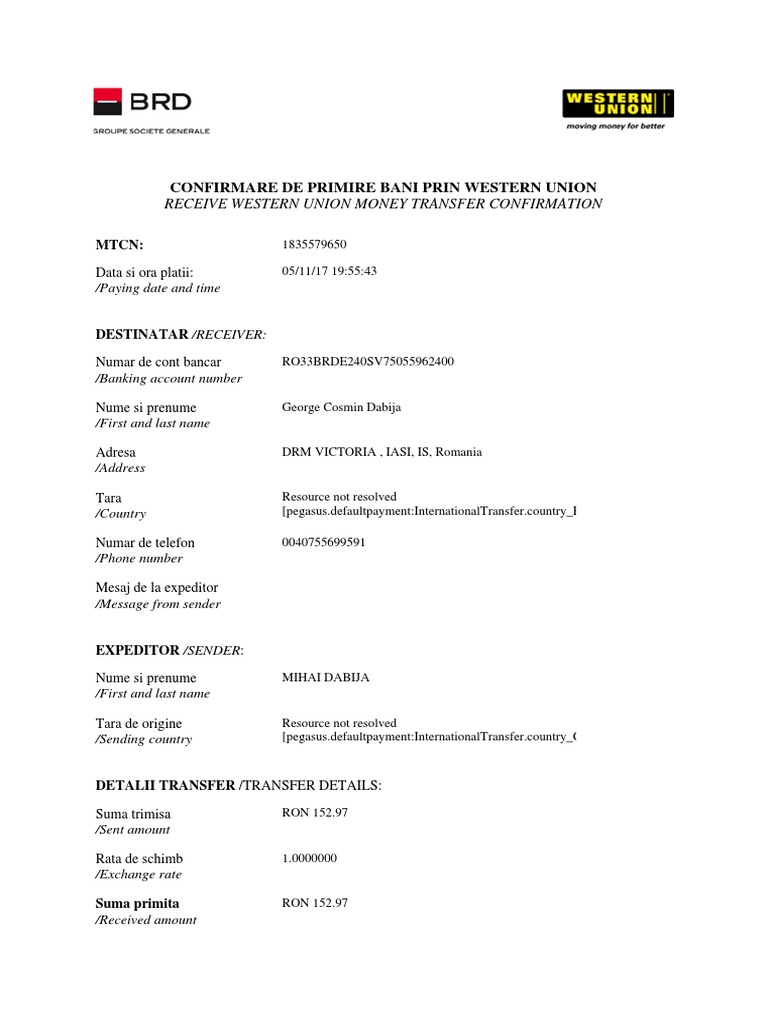 Confirmare de Primire Bani Prin Western Union | PDF