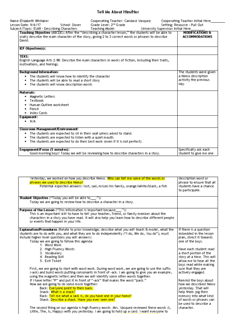 Character Traits Lesson Plan 1st Grade