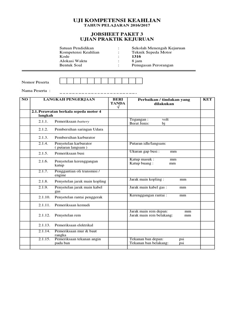 Jobsheet Praktik Teknik Sepeda Motor | PDF