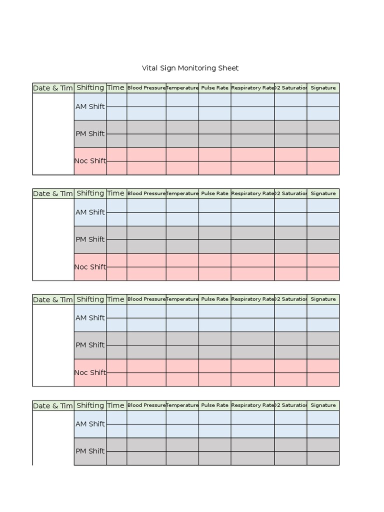 Vital Signs Monitoring Sheet Numerical W | PDF