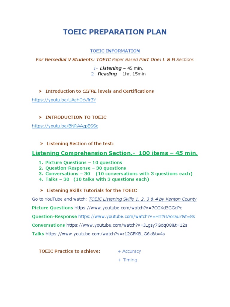 Toeic Preparation Plan | PDF | Reading Comprehension | Quality Of Life