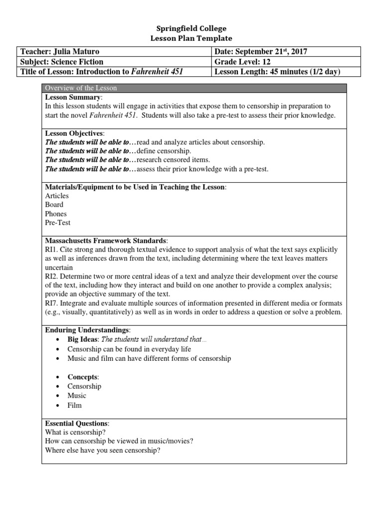 1 - Censorship Lesson Plan F451 | PDF | Censorship | Lesson Plan
