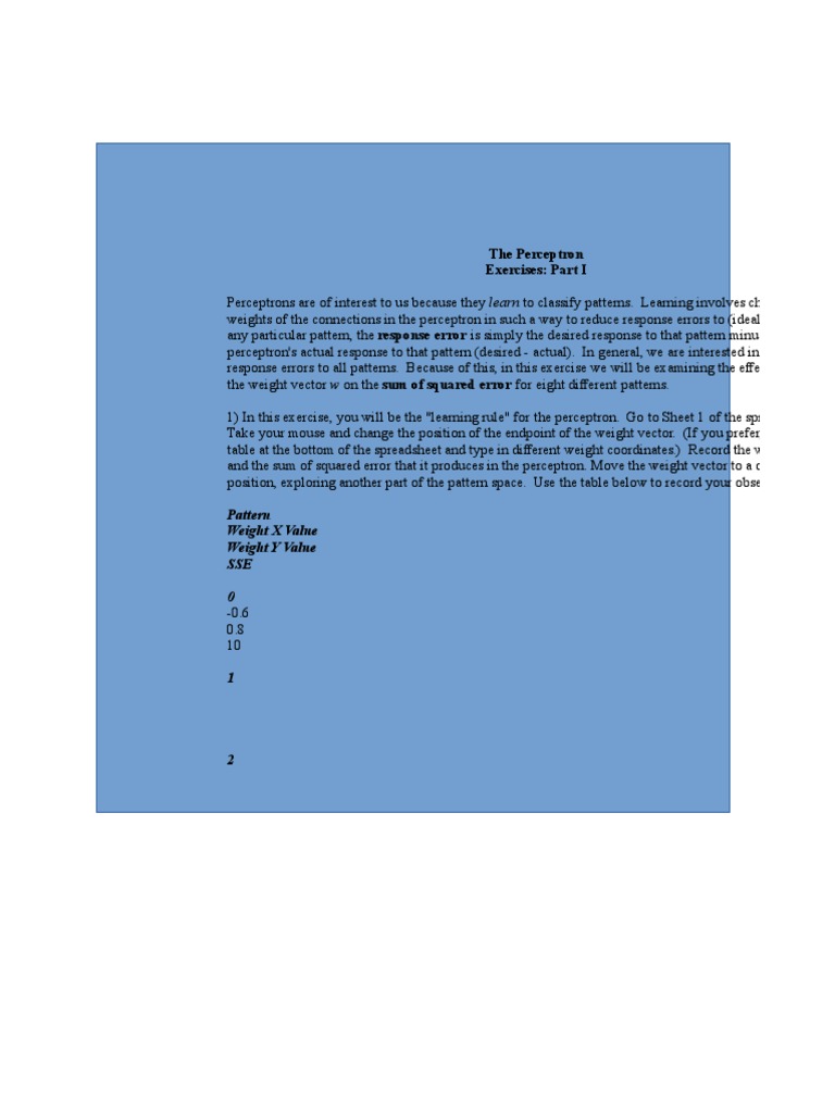 The Perceptron Exercises: Part I: Pattern Weight X Value Weight Y Value ...
