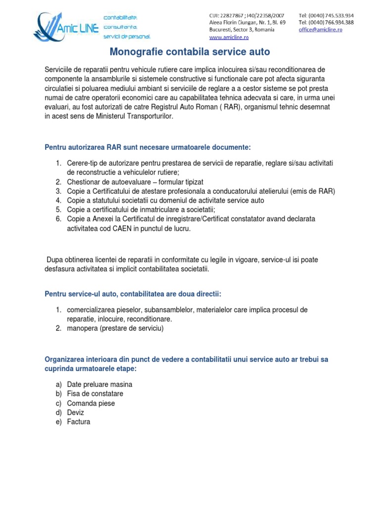 Monografie Contabila Service Auto PDF | PDF