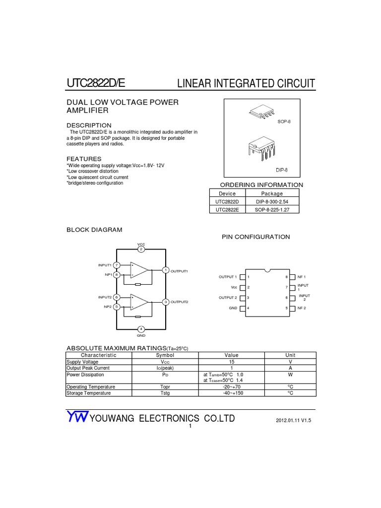 UTC2822D/E Dual Power Amplifier Datasheet | PDF