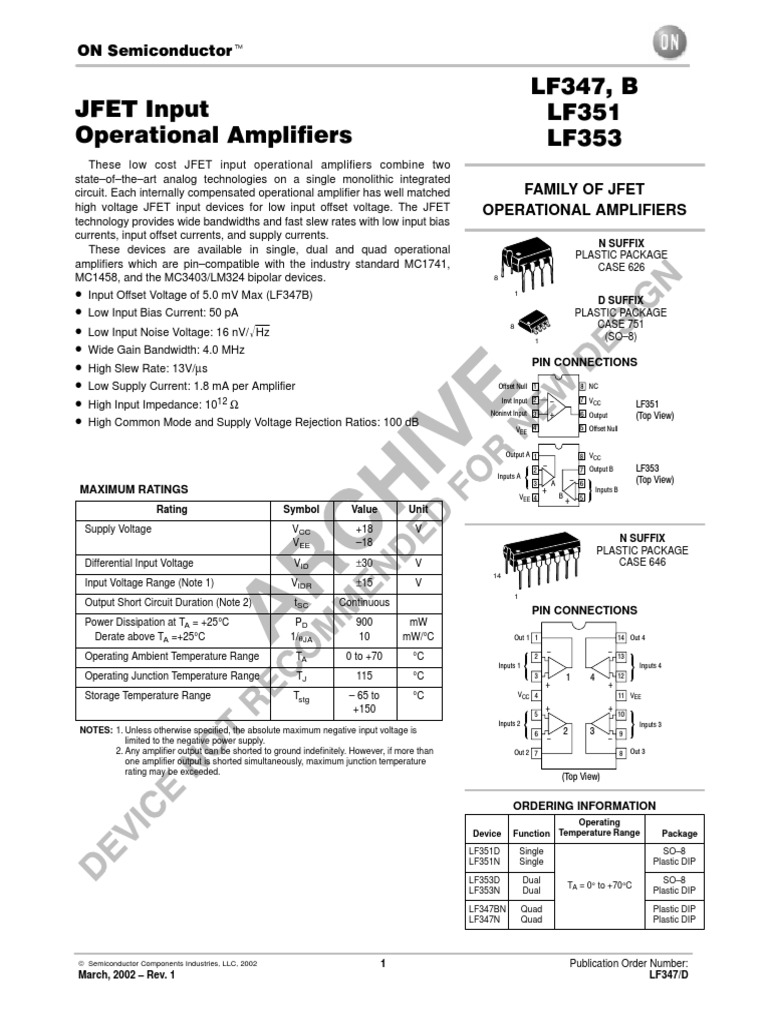 JFET Input Operational Amplifiers: LF347, LF351, LF353 Family Data Sheet | PDF | Operational ...