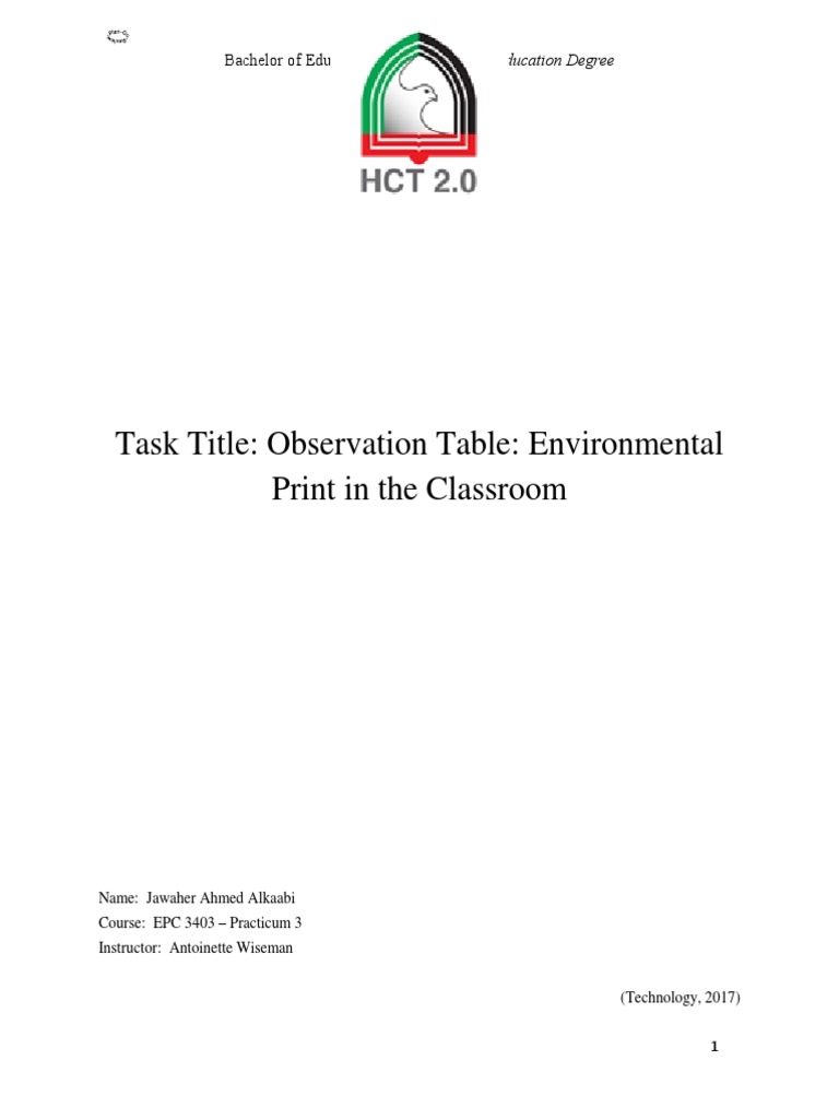 Task Title: Observation Table: Environmental Print in The Classroom ...