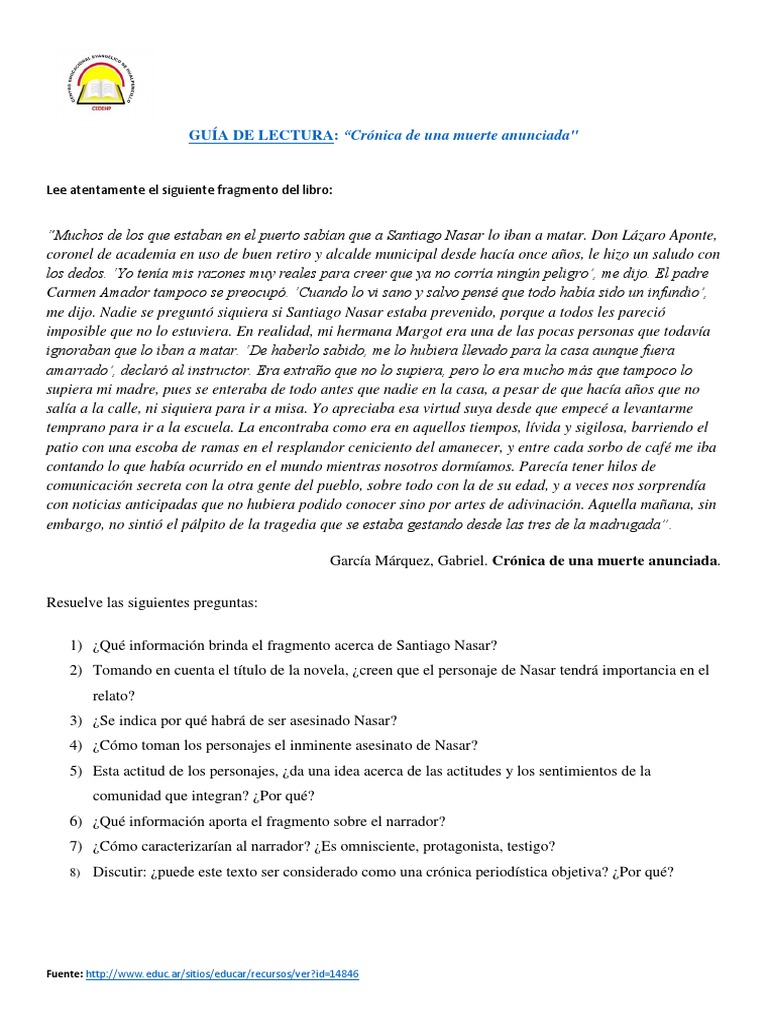 GUÍA de LECTURA Crónica de Una Muerte Anunciada | PDF | Narración