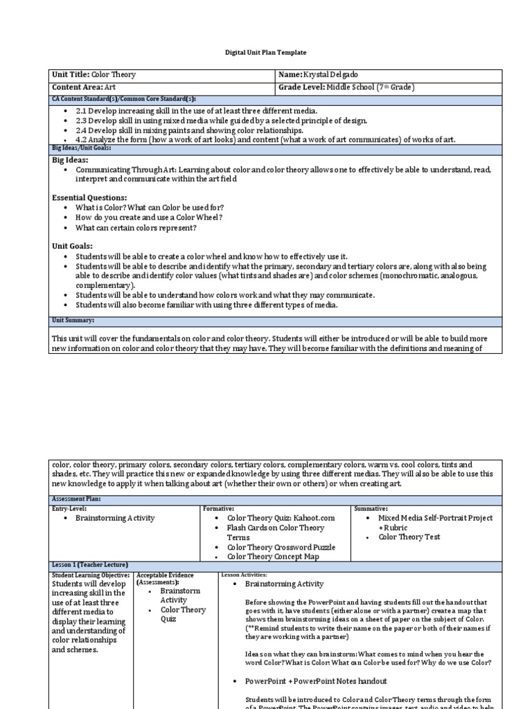 Delgado Krystal - Color Theory Digital Unit Plan Template | PDF | Color ...
