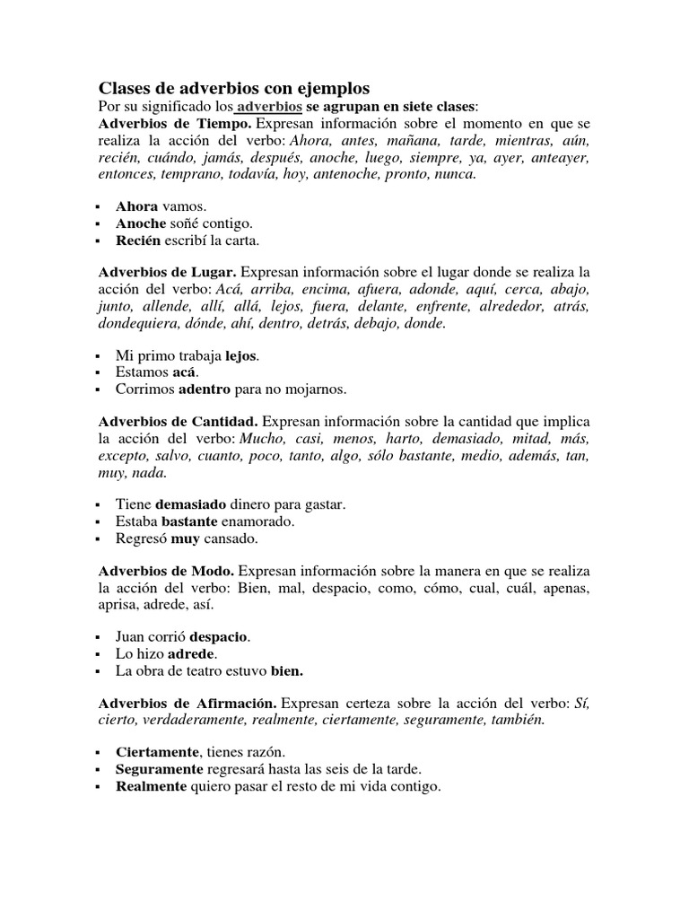 Clases de Adverbios Con Ejemplos | PDF