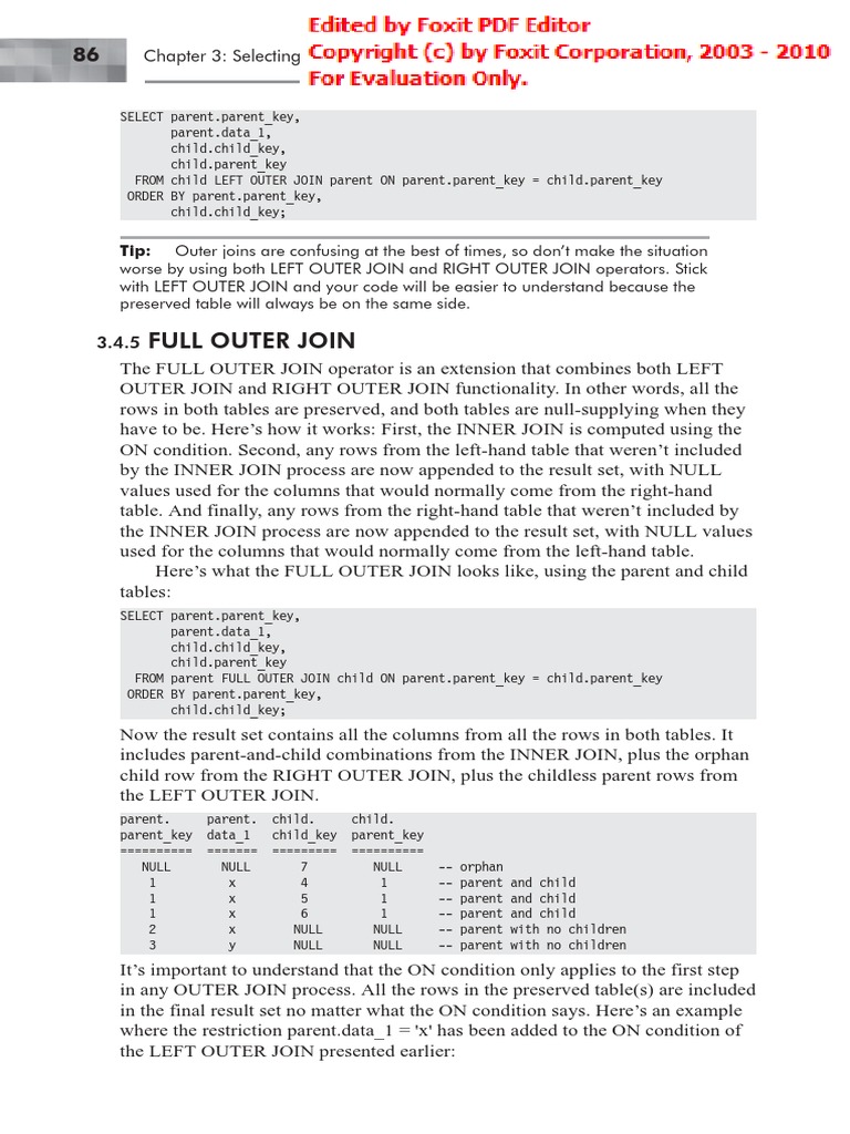 Full Outer Join: Chapter 3: Selecting | PDF | Data Management | Areas Of Computer Science
