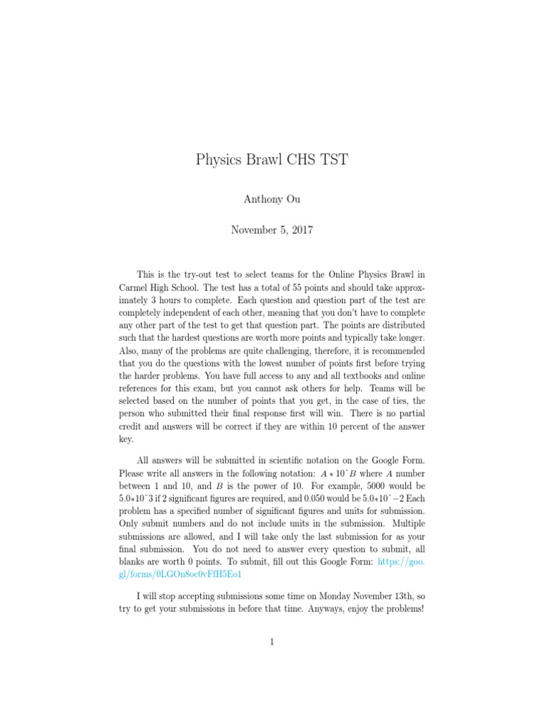 Physics Brawl TST | PDF | Capacitor | Surface Tension