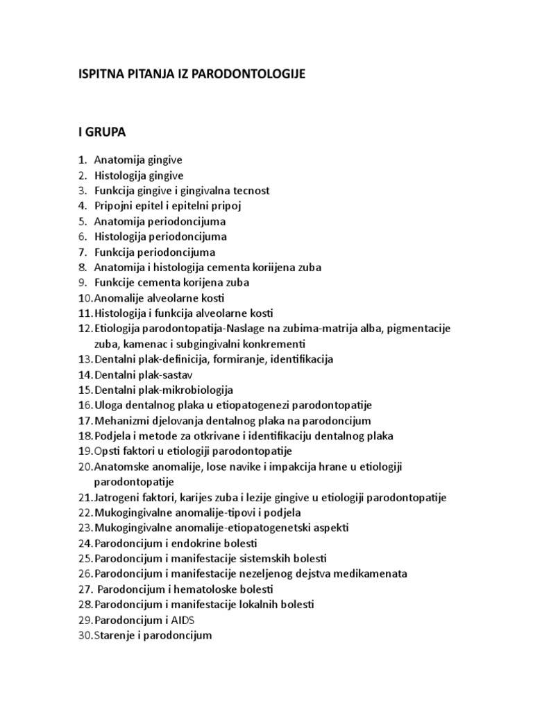 Ispitna Pitanja Iz Parodontologije 2 | PDF