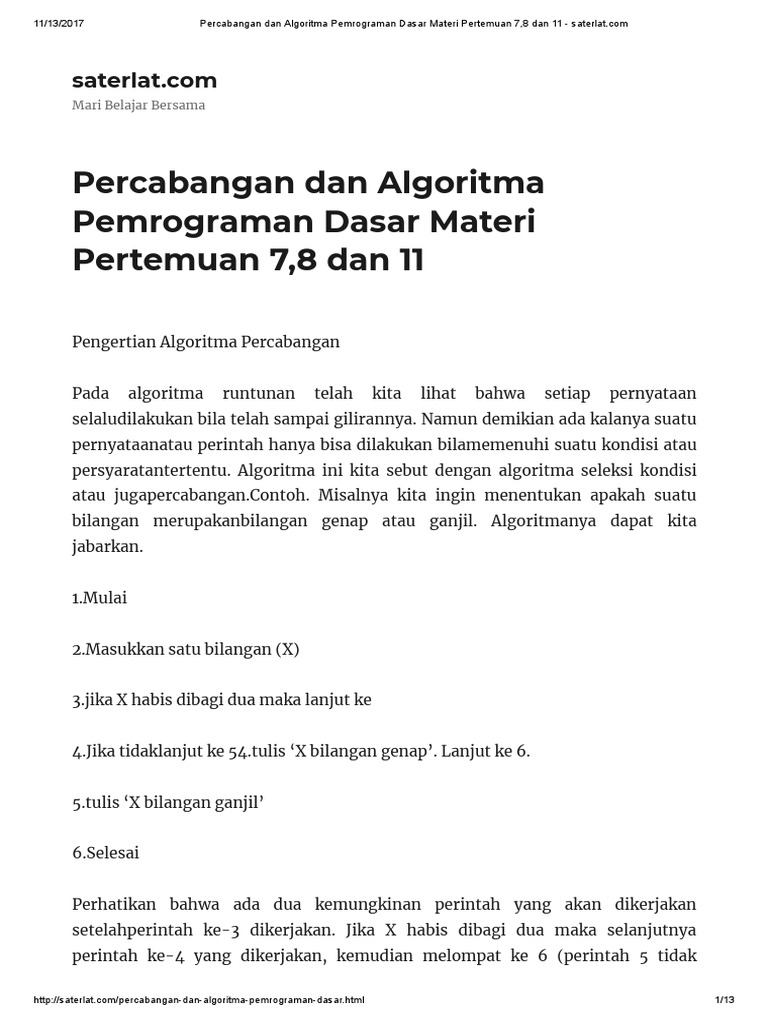 Percabangan Dan Algoritma Pemrograman Dasar Materi Pertemuan 7,8 Dan 11 ...