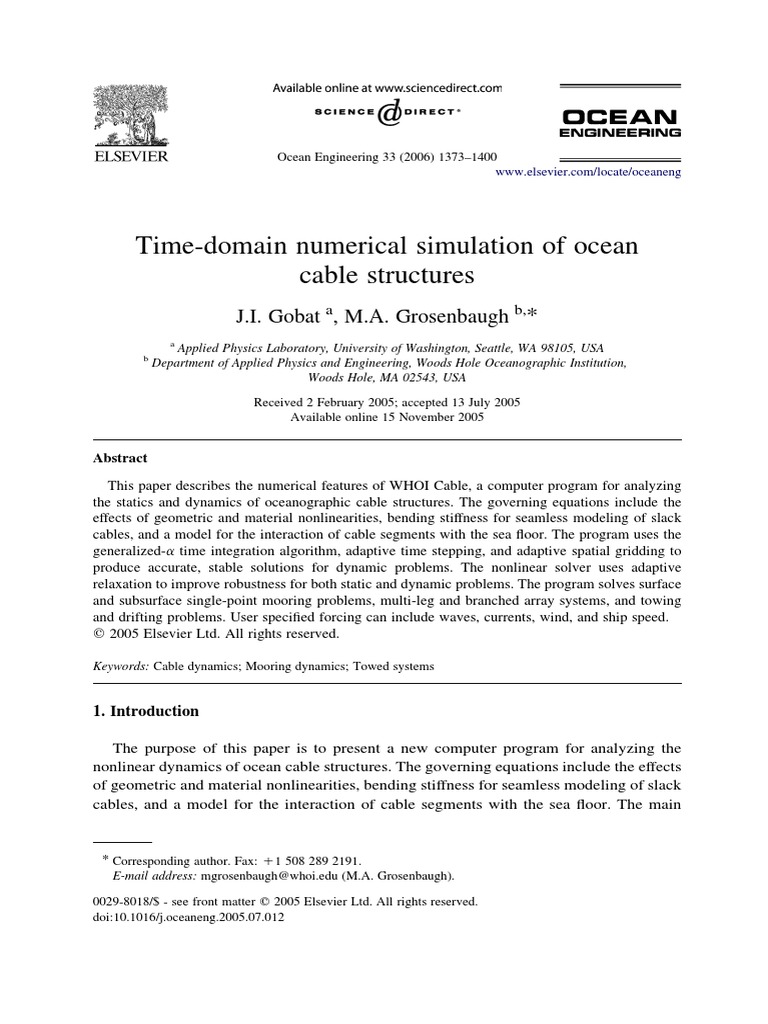 Numerical simulation of ocean cable dynamics | PDF | Numerical Analysis ...