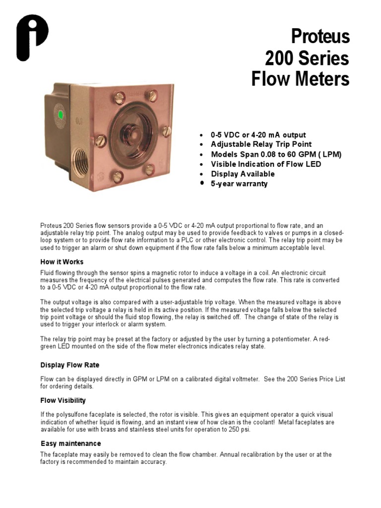 Proteus 200 Flowmeter Data Sheet | PDF | Flow Measurement | Relay