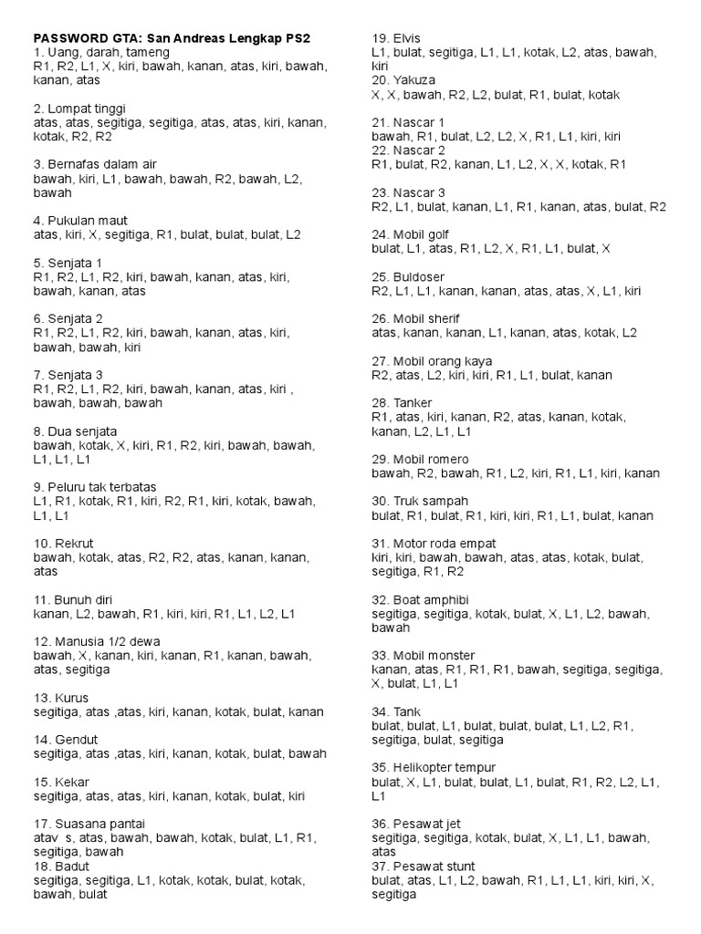 PASSWORD GTA: San Andreas Lengkap PS2 | PDF