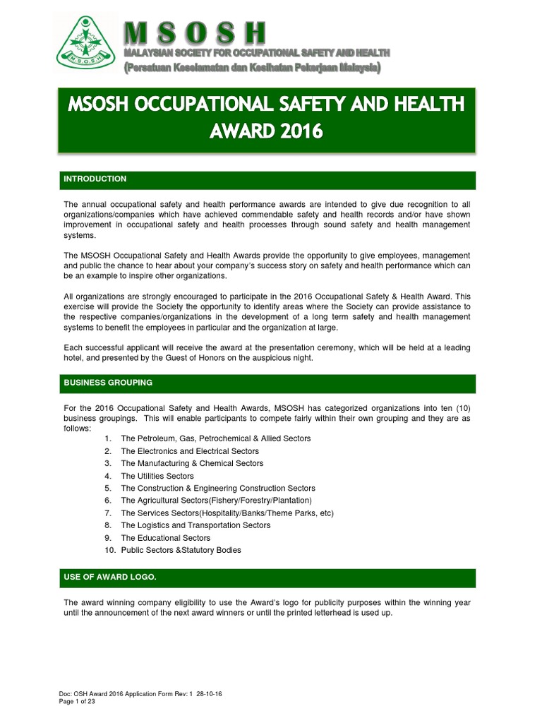Application Form Osh Award 2016 | Audit | Occupational Safety And Health