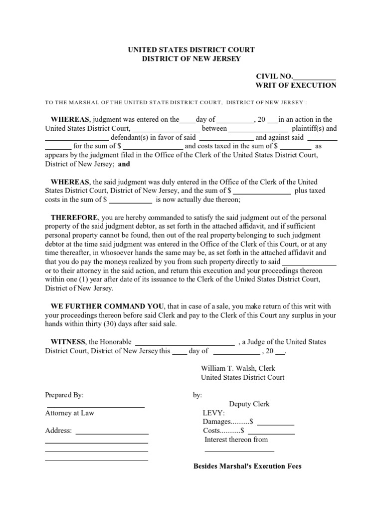 Writ of Execution - U.S. DISTRICT COURT, NJ - Cv-Writ2 | PDF | Equity ...
