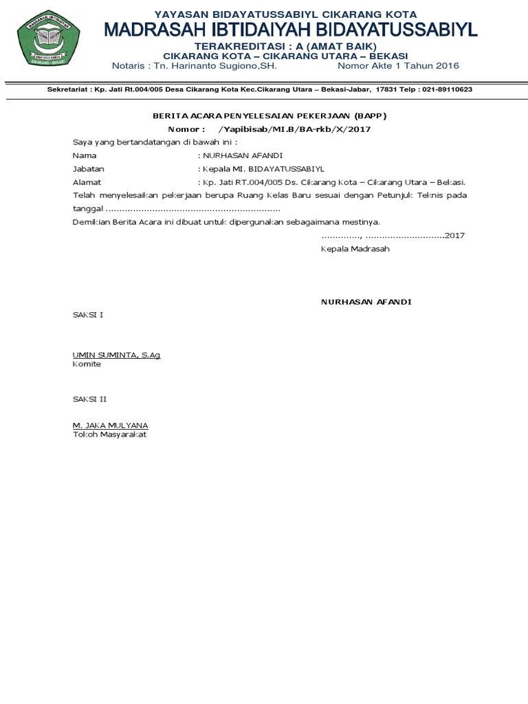 Contoh Berita Acara Penyelesaian Pekerjaan | PDF | Griya & Taman