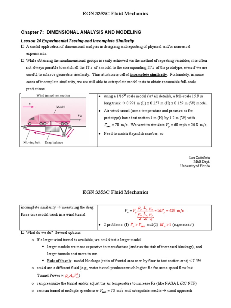 EGN 3353C Fluid Mechanics: Chapter 7: Dimensional Analysis and Modeling | PDF | Wind Tunnel ...