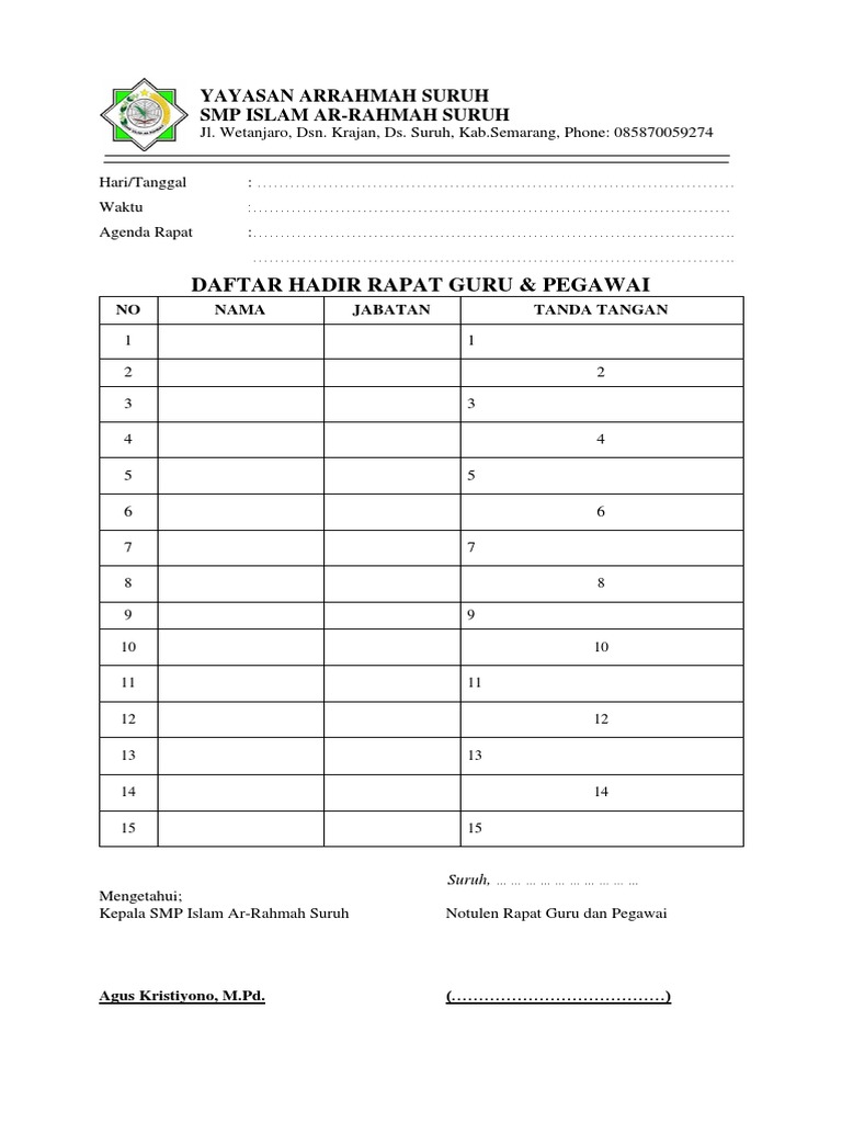 Daftar Hadir Rapat Guru | PDF