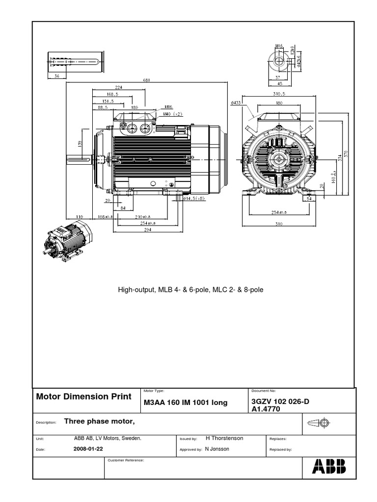 Motor Dimension Print: M3AA 160 IM 1001 Long 3GZV 102 026-D A1.4770 Three Phase Motor | PDF