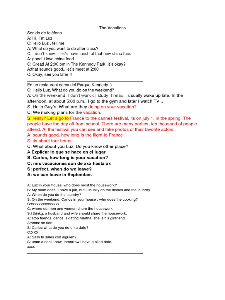 Vacation Plans and Housework Discussion | PDF