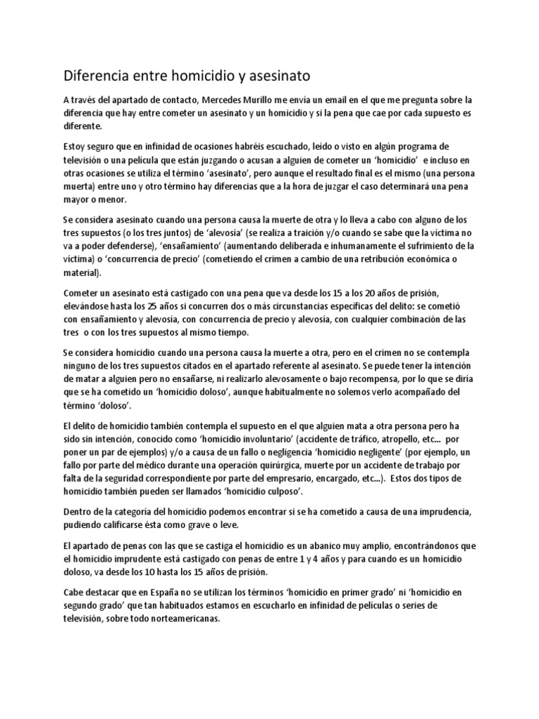 Diferencia Entre Homicidio Y Asesinato Pdf Asesinato Homicidio