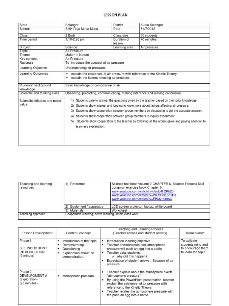 Lesson Plan Air Pressure | PDF | Lesson Plan | Science