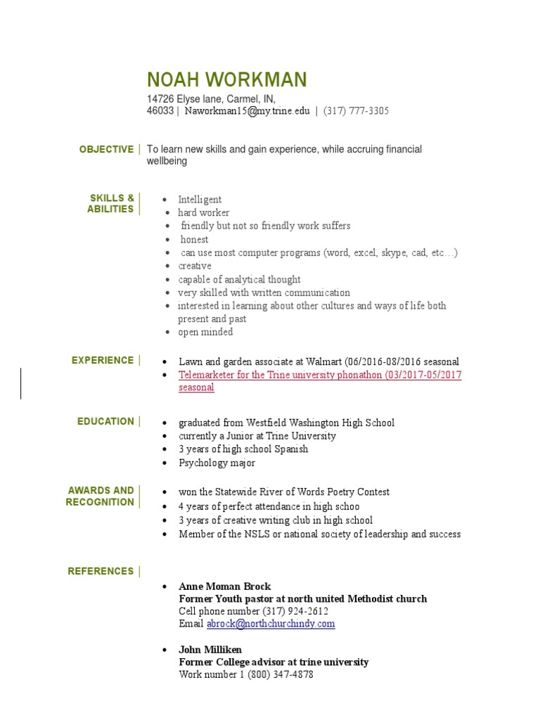 Resume of Noah Workman | PDF | Career & Growth