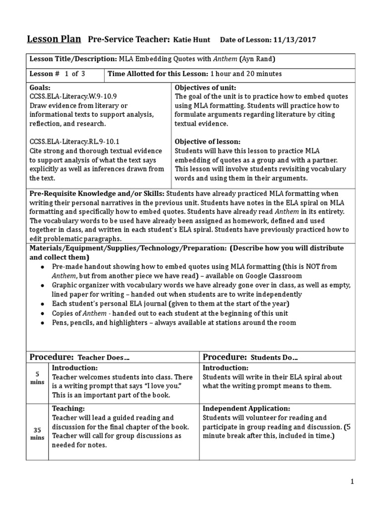 MLA Quote Embedding Lesson Plan | PDF | Lesson Plan | Educational ...