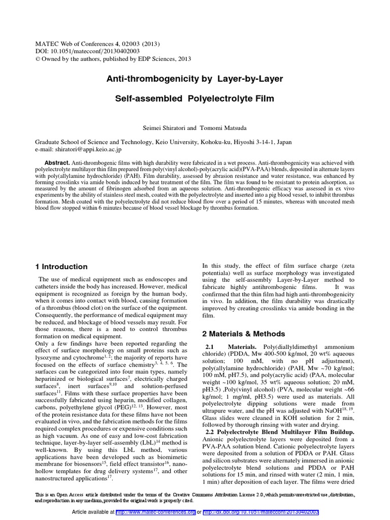 Anti-Thrombogenicity by Layer-by-Layer Self-Assembled Polyelectrolyte ...