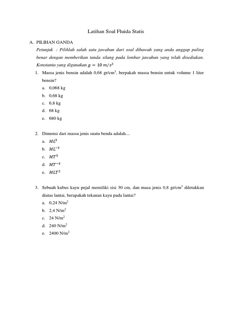 Latihan Soal Fluida Statis Siap Print | PDF | Metode & Bahan Ajar | Teknologi & Rekayasa