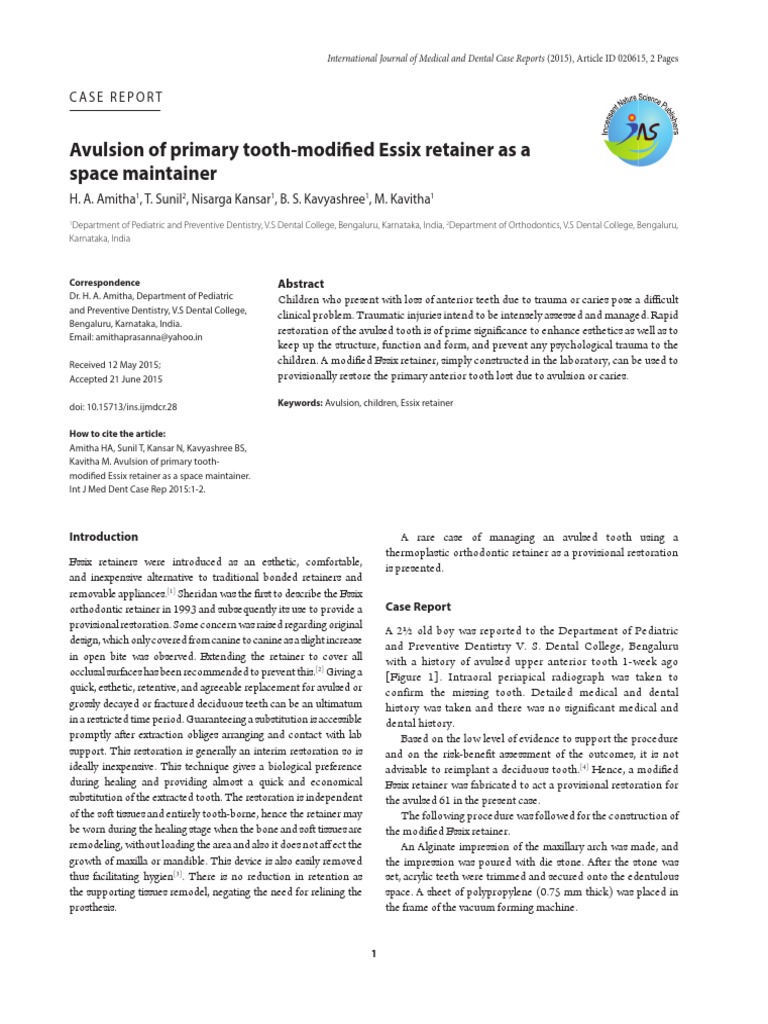 Avulsion of Primary Tooth-Modifi Ed Essix Retainer As A Space ...