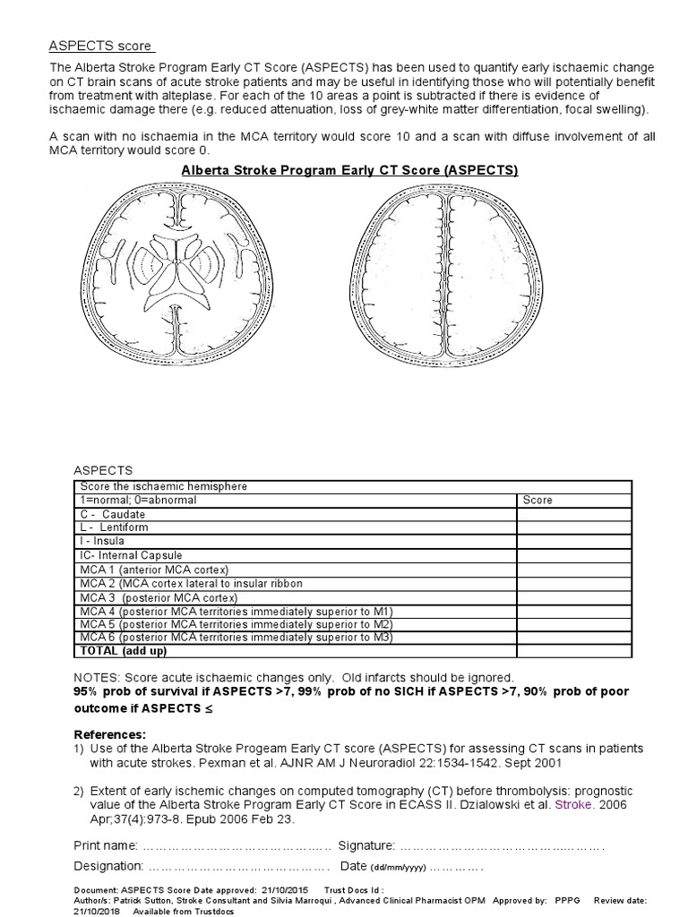 Alberta Stroke Program Early CT Score ASPECTS Score Form v1 PDF | PDF