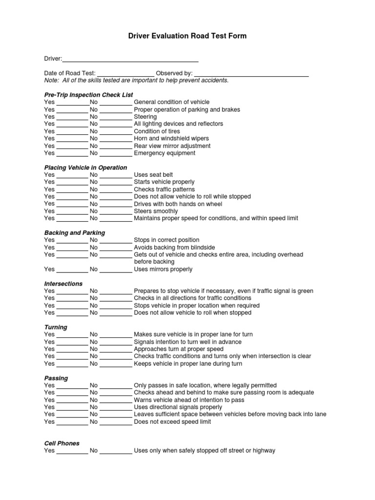 Driver Road Test Evaluation Form | PDF | Traffic | Vehicles
