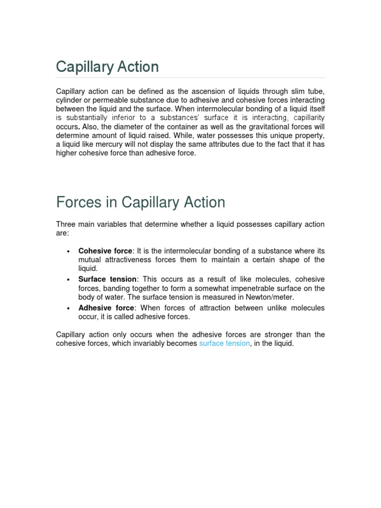 Capillary Action: Cohesive Force: It Is The Intermolecular Bonding of A ...