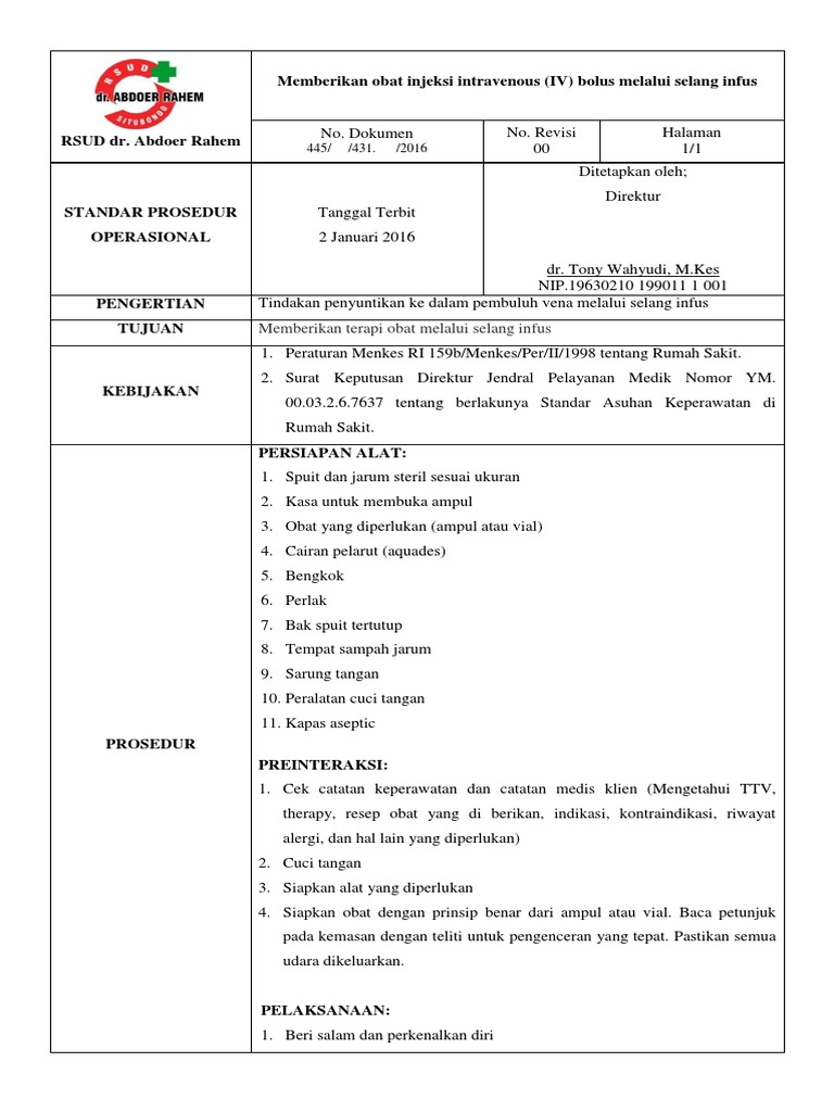 SPO RSAR - Memberikan Obat Injeksi Intravenous Bolus Melalui Selang ...