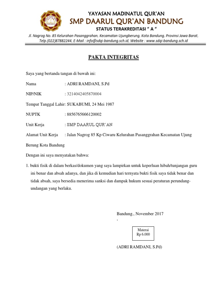 Format Pakta Integritas Guru | PDF
