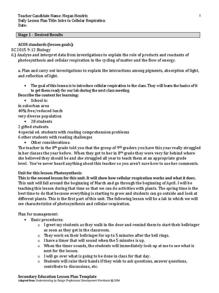 Lesson Plan 2 - 10 15 17 | PDF | Cellular Respiration | Lesson Plan