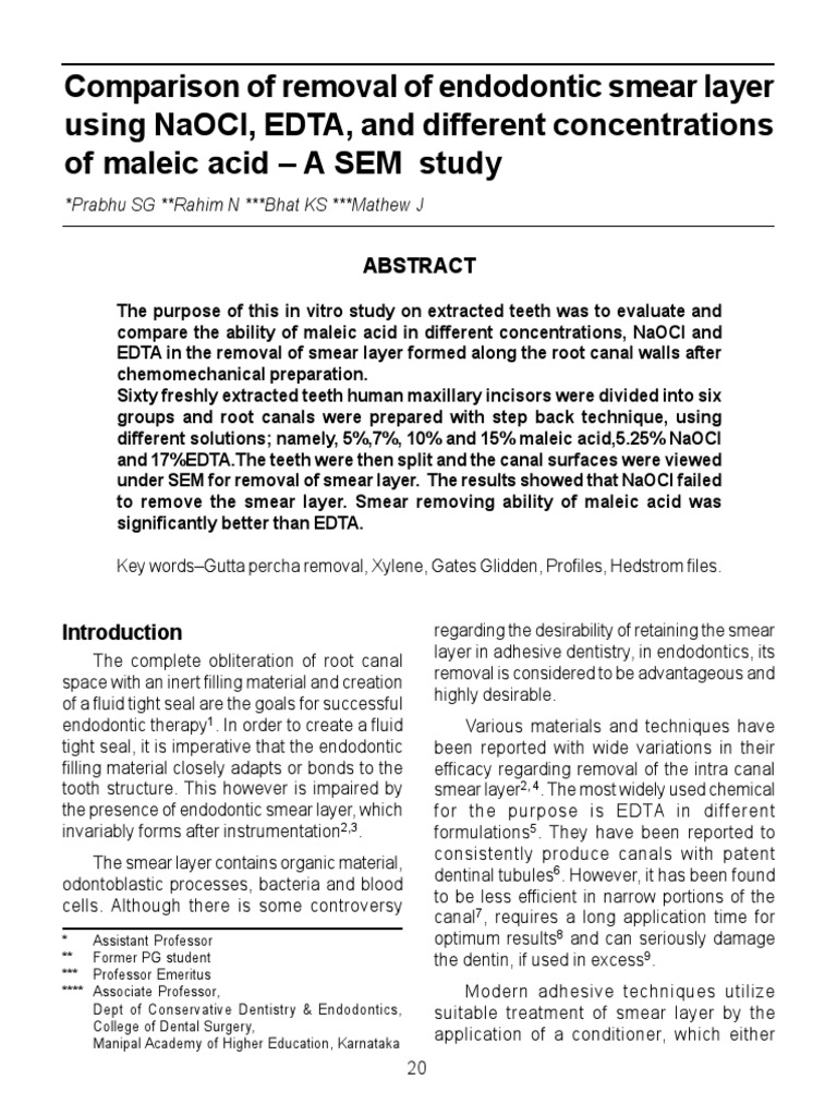 Comparison of Removal of Endodontic Smear Layer Using NaOCl, EDTA, and ...